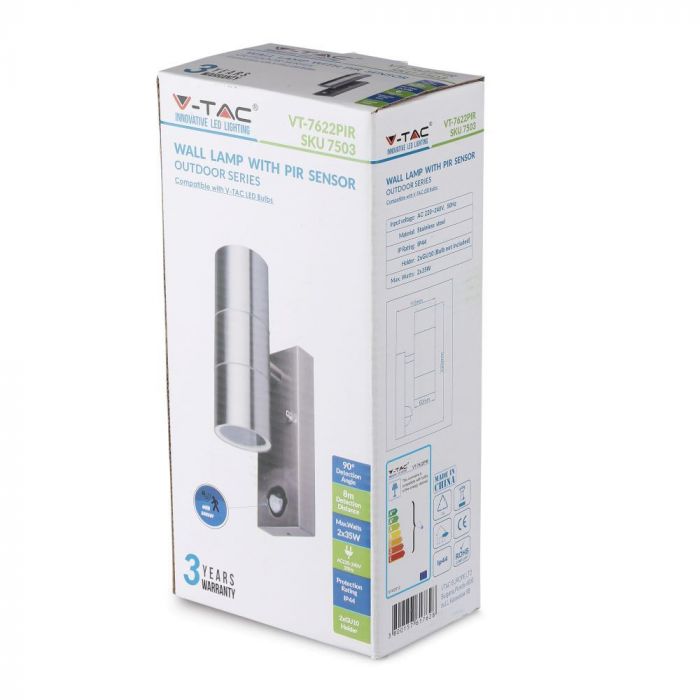 V-TAC VT-7622PIR Paroi Fitting avec PIR capteur 2xGU10 Corps en acier 2 ...